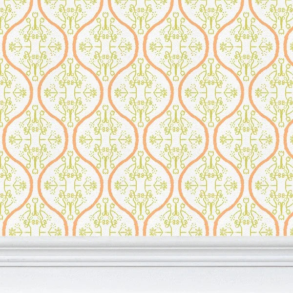 Watercolor Damask Chartreuse & Orange Luxury Wallpaper – Truett Designs
